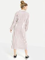 China 2018 New Arrival Fall Long Sleeve White and Red Striped Zip Front Sex V neck Midi Dress Ladies Autumn for sale