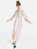 China 2018 New Arrival Fall Long Sleeve White and Red Striped Zip Front Sex V neck Midi Dress Ladies Autumn for sale