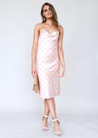China Women cowl neck polka dot peach color midi dress with adjustable straps for sale