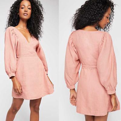 China 2018 Fall V Neckline With Button Front And Puff Sleeve Mini Women Dress Cheap for sale