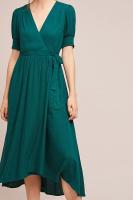 China Western Women Elegant Short Sleeve Long Green Wrap Dress Midi Dresses Wrap for sale