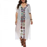 China Women white see-through beach kimono style maxi dress with flower print for sale