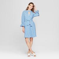 China 2018 New Design Ladies Long Blouson Sleeve Blue and White Gingham Dress with Belt for sale