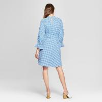 China 2018 New Design Ladies Long Blouson Sleeve Blue and White Gingham Dress with Belt for sale