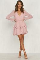 China Fashion women Long Sleeve V neck Pink Vintage Dress for sale