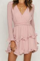 China Fashion women Long Sleeve V neck Pink Vintage Dress for sale