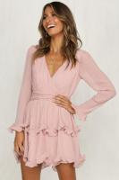 China Fashion women Long Sleeve V neck Pink Vintage Dress for sale