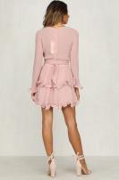 China Fashion women Long Sleeve V neck Pink Vintage Dress for sale