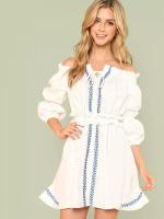China Wholesale Clothing Lantern Sleeve Shirred Waist Women Boho Embroidered Dress for sale