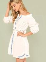 China Wholesale Clothing Lantern Sleeve Shirred Waist Women Boho Embroidered Dress for sale