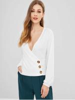 China Long Sleeve Ribbed Buttoned Crossover Top T Shirt Clothing Women for sale