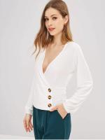China Long Sleeve Ribbed Buttoned Crossover Top T Shirt Clothing Women for sale