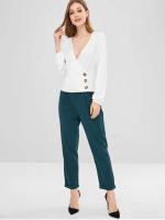 China Long Sleeve Ribbed Buttoned Crossover Top T Shirt Clothing Women for sale