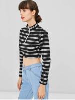 China Trendy Women Clothing Stripe Long Sleeve O Ring Zip Crop Tee Top for sale