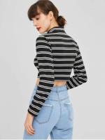 China Trendy Women Clothing Stripe Long Sleeve O Ring Zip Crop Tee Top for sale