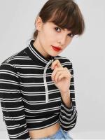 China Trendy Women Clothing Stripe Long Sleeve O Ring Zip Crop Tee Top for sale