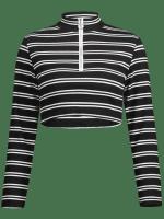 China Trendy Women Clothing Stripe Long Sleeve O Ring Zip Crop Tee Top for sale