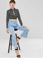 China Trendy Women Clothing Stripe Long Sleeve O Ring Zip Crop Tee Top for sale