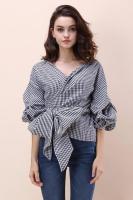 China Fall Clothing Blouse Ladies Gingham Tops Women Wrap Top for sale
