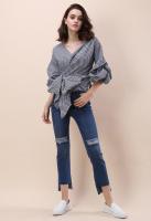China Fall Clothing Blouse Ladies Gingham Tops Women Wrap Top for sale