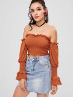China Off The Shoulder Ladies Ruffle Long Sleeve louses Shoulder Off Smocked Crop top for Women for sale
