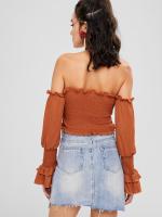 China Off The Shoulder Ladies Ruffle Long Sleeve louses Shoulder Off Smocked Crop top for Women for sale