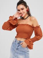 China Off The Shoulder Ladies Ruffle Long Sleeve louses Shoulder Off Smocked Crop top for Women for sale