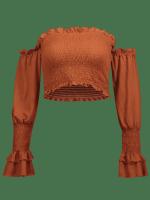 China Off The Shoulder Ladies Ruffle Long Sleeve louses Shoulder Off Smocked Crop top for Women for sale