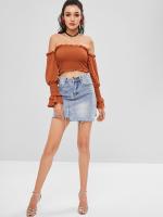 China Off The Shoulder Ladies Ruffle Long Sleeve louses Shoulder Off Smocked Crop top for Women for sale