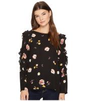 China Fall Clothing W Ruffle Long Sleeve Detail Black Blouse Floral Ladies Tops for sale