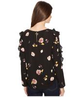 China Fall Clothing W Ruffle Long Sleeve Detail Black Blouse Floral Ladies Tops for sale