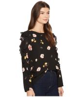 China Fall Clothing W Ruffle Long Sleeve Detail Black Blouse Floral Ladies Tops for sale