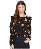 China Fall Clothing W Ruffle Long Sleeve Detail Black Blouse Floral Ladies Tops for sale
