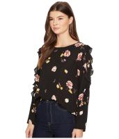 China Fall Clothing W Ruffle Long Sleeve Detail Black Blouse Floral Ladies Tops for sale