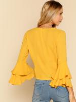 China Lady deep v neck flounce sleeve sexy fashion blouse with tie for sale