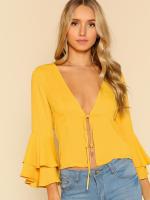 China Lady deep v neck flounce sleeve sexy fashion blouse with tie for sale