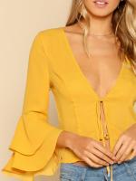 China Lady deep v neck flounce sleeve sexy fashion blouse with tie for sale