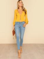 China Lady deep v neck flounce sleeve sexy fashion blouse with tie for sale