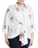 China Embroidered Tie-Front Plus Size Korean Fashion Design Linen Women Blouse Ladies for sale
