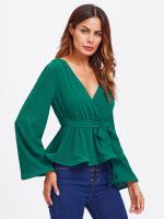 China Bell Sleeve Wrap Blouse with Deep V Neck for sale