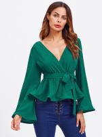 China Bell Sleeve Wrap Blouse with Deep V Neck for sale