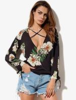 China Women Low Neck Floral Chiffon Long Sleeve Top for sale
