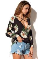 China Women Low Neck Floral Chiffon Long Sleeve Top for sale