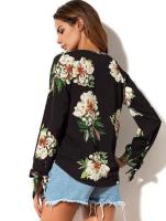 China Women Low Neck Floral Chiffon Long Sleeve Top for sale