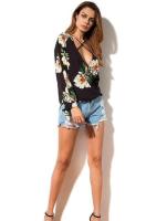 China Women Low Neck Floral Chiffon Long Sleeve Top for sale