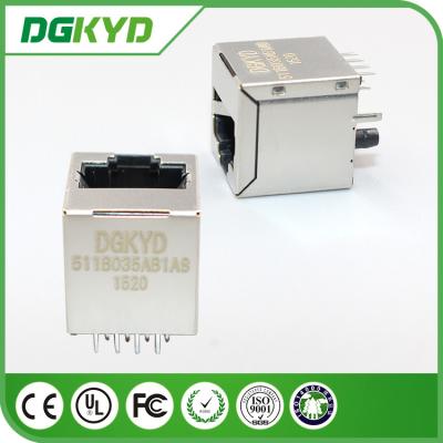 China Shielded 180 Degree Tab Up RJ45 PCB Connector Vertical 16.7mm Length with Internal Magnetics and 1500Vrms Isolation for sale