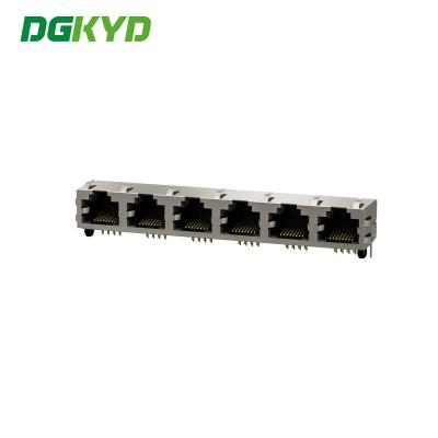 China RJ45 Cat6 Modular Jack 1x6 Ports 8P8C Shielded Through Hole PCB Female Connector 1000BASE-T for sale