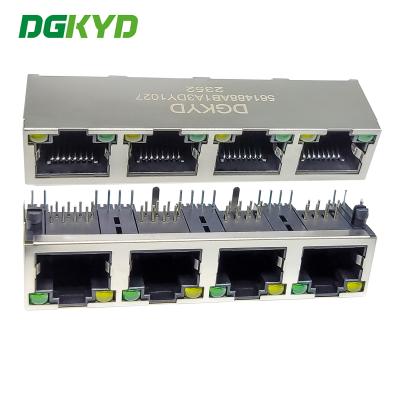 China DGKYD RJ45 4 Port Connector 8P8C Modular Jack Shielded Through Hole 10/100/1000 Base-T for sale