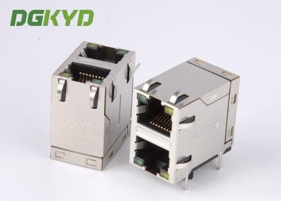 China Stack Two Port 10 Pin 1000 BASE RJ45 Ethernet Connector with LED and EMI Shielding - 0.35mm Gold Contacts for sale