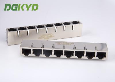 China Shield Right Angle 1x8 Port Ganged RJ45 Connector Black with 8 Positions and 0.6 µin Gold Plating for sale